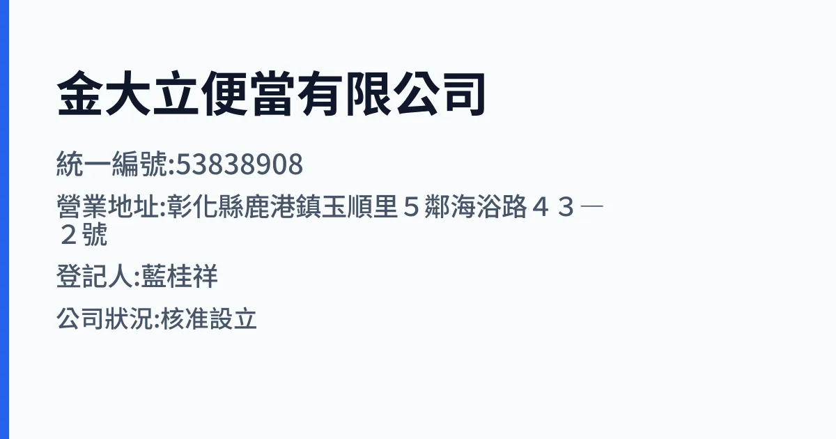 金大立便當有限公司 - 統編 53838908(彰化縣) 公司登記資料與營業項目詳細圖表