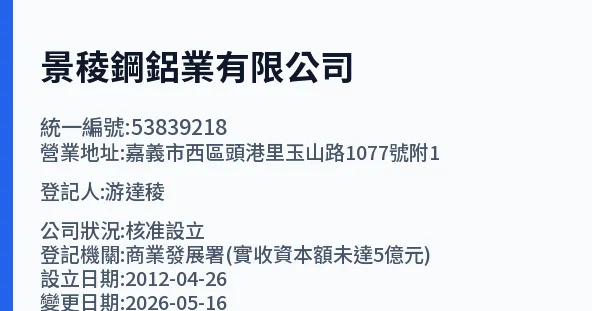 景稜鋼鋁業有限公司的照片-統編 53839218(嘉義市) 公司登記資料與營業項目詳細圖表