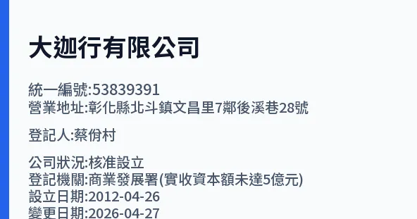 大迦行有限公司的照片-統編 53839391(彰化縣) 公司登記資料與營業項目詳細圖表