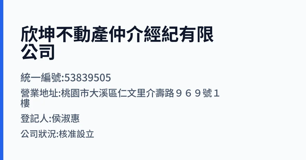 欣坤不動產仲介經紀有限公司 - 統編 53839505(桃園市) 公司登記資料與營業項目詳細圖表
