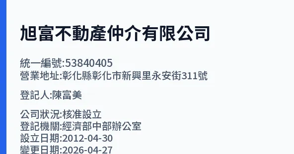 旭富不動產仲介有限公司的照片-統編 53840405(彰化縣) 公司登記資料與營業項目詳細圖表