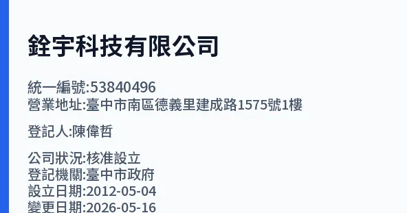 銓宇科技有限公司的照片-統編 53840496(臺中市) 公司登記資料與營業項目詳細圖表