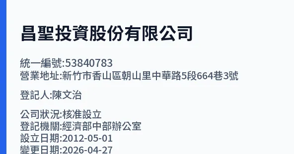 昌聖投資股份有限公司的照片-統編 53840783(新竹市) 公司登記資料與營業項目詳細圖表
