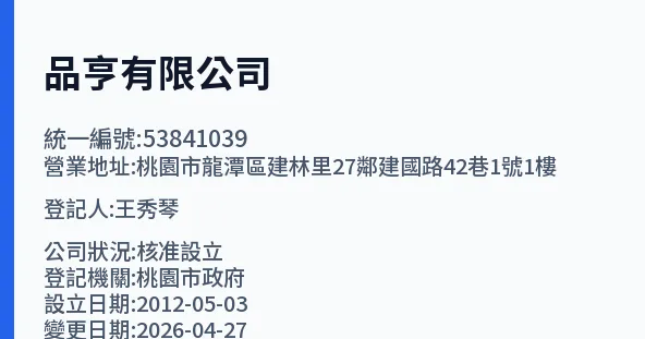 品亨有限公司的照片-統編 53841039(桃園市) 公司登記資料與營業項目詳細圖表