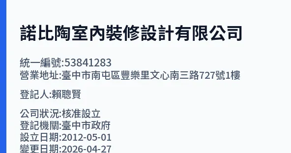 諾比陶室內裝修設計有限公司的照片-統編 53841283(臺中市) 公司登記資料與營業項目詳細圖表