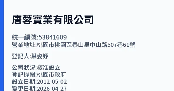 唐蓉實業有限公司的照片-統編 53841609(桃園市) 公司登記資料與營業項目詳細圖表