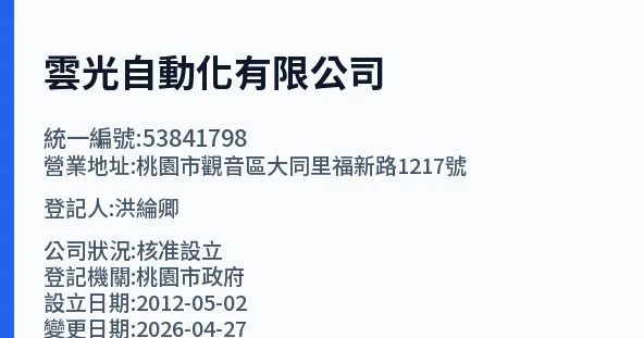 雲光自動化有限公司的照片-統編 53841798(桃園市) 公司登記資料與營業項目詳細圖表