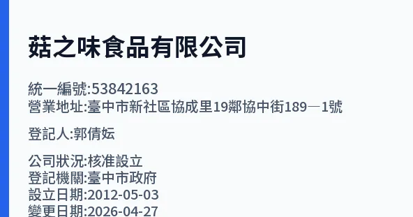 菇之味食品有限公司的照片-統編 53842163(臺中市) 公司登記資料與營業項目詳細圖表