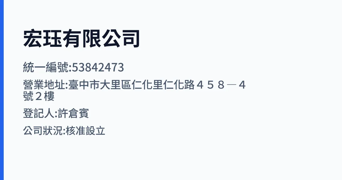 宏珏有限公司 - 統編 53842473(臺中市) 公司登記資料與營業項目詳細圖表