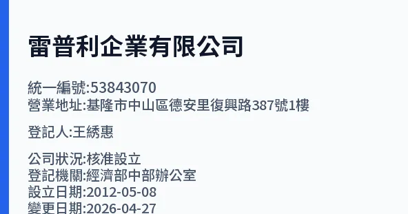雷普利企業有限公司的照片-統編 53843070(基隆市) 公司登記資料與營業項目詳細圖表