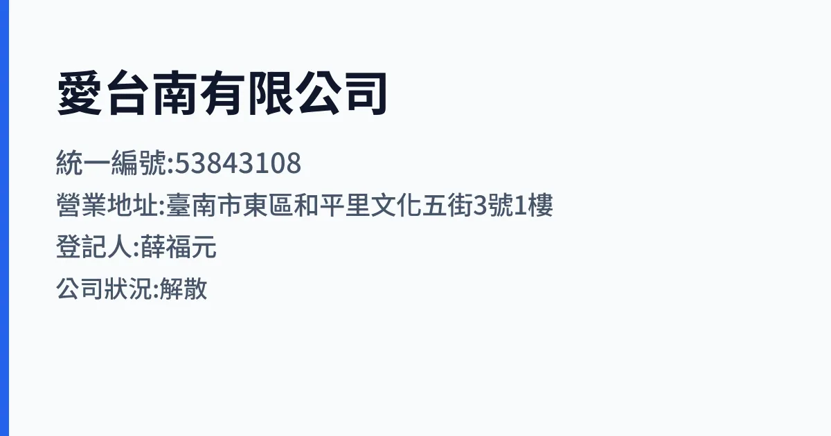 愛台南有限公司 - 統編 53843108(臺南市) 公司登記資料與營業項目詳細圖表