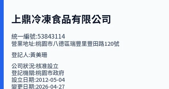 上鼎冷凍食品有限公司的照片-統編 53843114(桃園市) 公司登記資料與營業項目詳細圖表