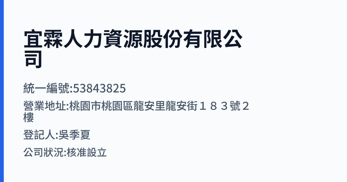 宜霖人力資源股份有限公司 - 統編 53843825(桃園市) 公司登記資料與營業項目詳細圖表