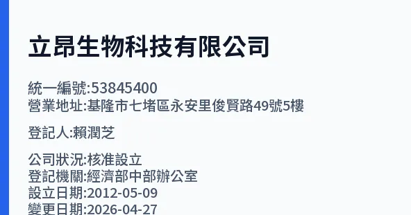 立昂生物科技有限公司的照片-統編 53845400(基隆市) 公司登記資料與營業項目詳細圖表
