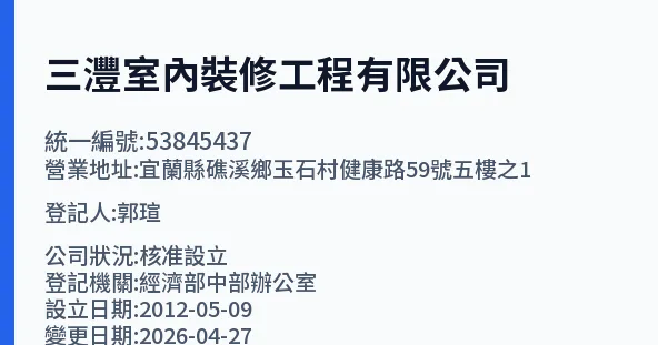 三灃室內裝修工程有限公司的照片-統編 53845437(宜蘭縣) 公司登記資料與營業項目詳細圖表