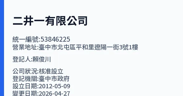 二井一有限公司的照片-統編 53846225(臺中市) 公司登記資料與營業項目詳細圖表