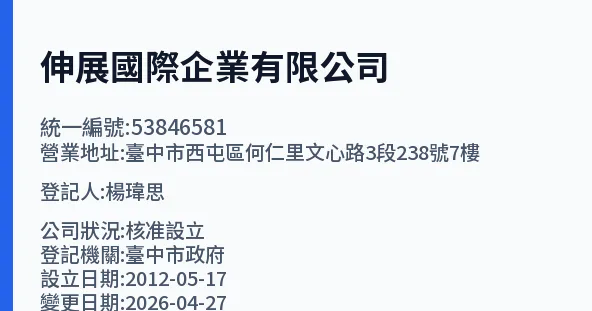 伸展國際企業有限公司的照片-統編 53846581(臺中市) 公司登記資料與營業項目詳細圖表