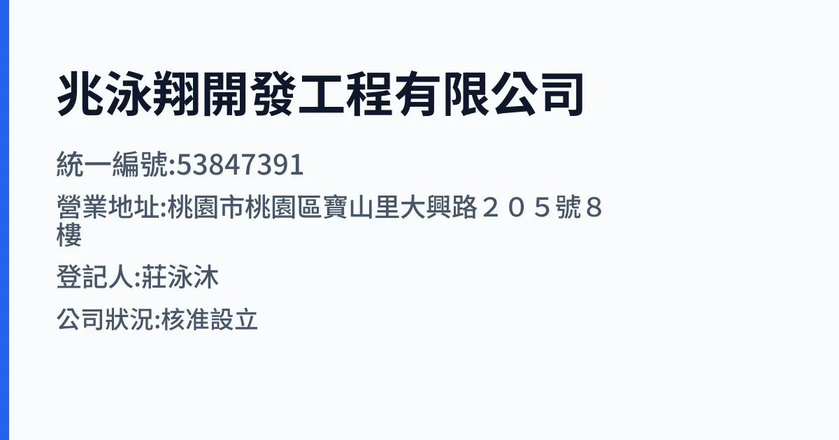 兆泳翔開發工程有限公司 - 統編 53847391(桃園市) 公司登記資料與營業項目詳細圖表