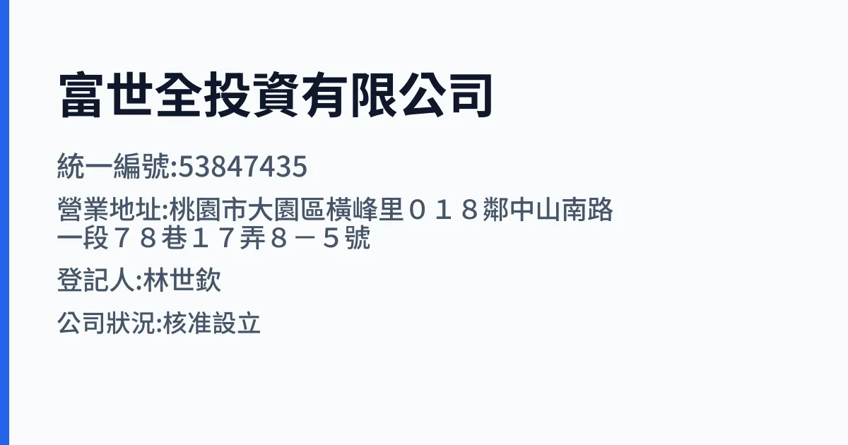 富世全投資有限公司 - 統編 53847435（桃園市） 公司登記資料與營業項目詳細圖表