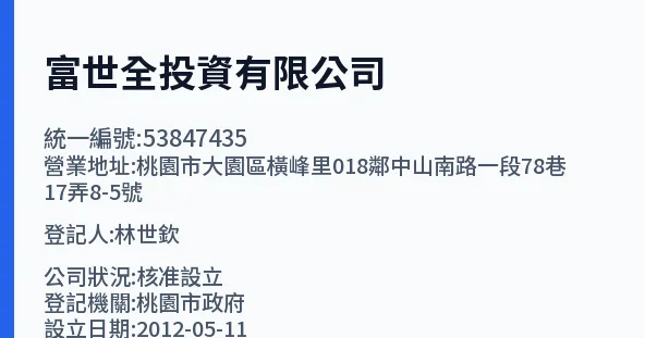 富世全投資有限公司的照片-統編 53847435(桃園市) 公司登記資料與營業項目詳細圖表