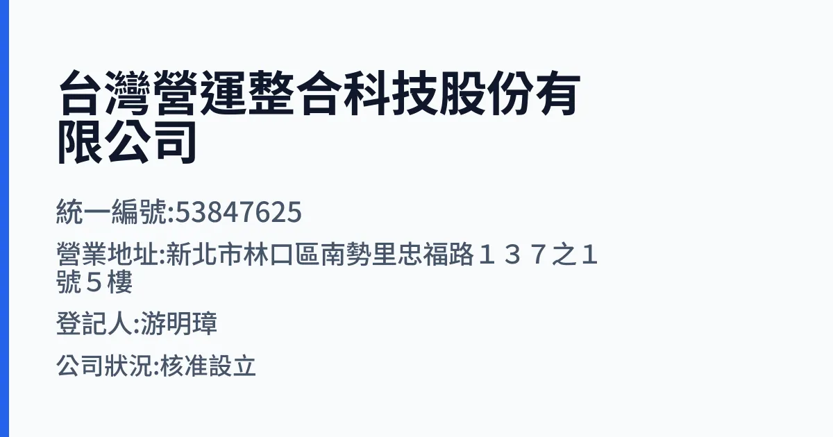 台灣營運整合科技股份有限公司 - 統編 53847625(新北市) 公司登記資料與營業項目詳細圖表