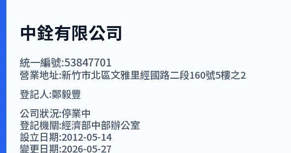 中銓有限公司的照片-統編 53847701(新竹市) 公司登記資料與營業項目詳細圖表