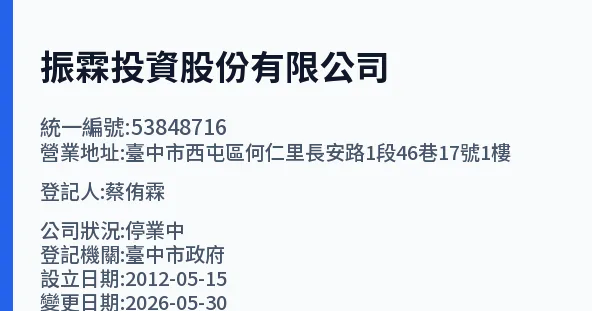 振霖投資股份有限公司的照片-統編 53848716(臺中市) 公司登記資料與營業項目詳細圖表