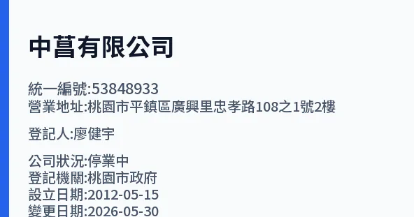 中菖有限公司的照片-統編 53848933(桃園市) 公司登記資料與營業項目詳細圖表