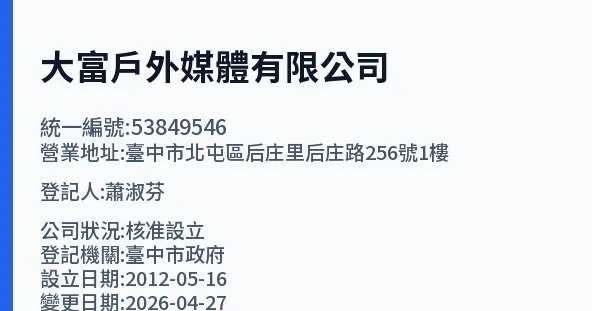 大富戶外媒體有限公司的照片-統編 53849546(臺中市) 公司登記資料與營業項目詳細圖表