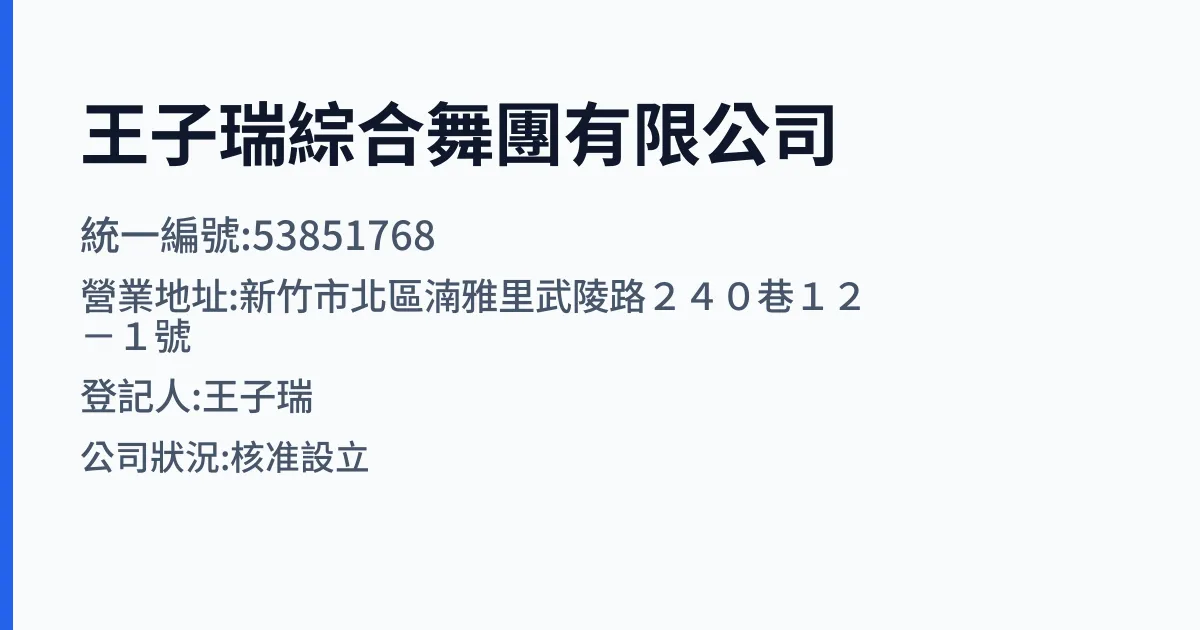 王子瑞綜合舞團有限公司 - 統編 53851768（新竹市） 公司登記資料與營業項目詳細圖表