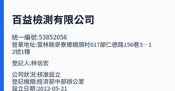 百益檢測有限公司的照片-統編 53852056(雲林縣) 公司登記資料與營業項目詳細圖表