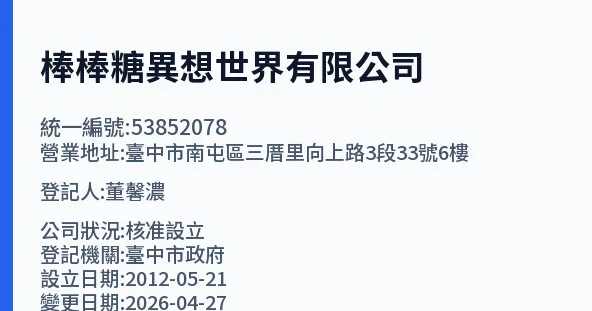 棒棒糖異想世界有限公司的照片-統編 53852078(臺中市) 公司登記資料與營業項目詳細圖表
