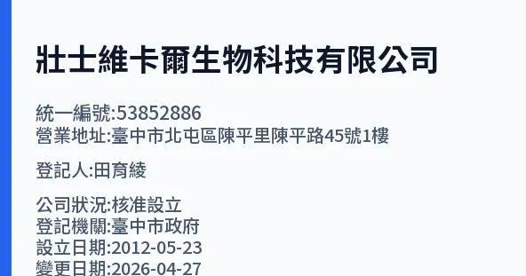 壯士維卡爾生物科技有限公司的照片-統編 53852886(臺中市) 公司登記資料與營業項目詳細圖表