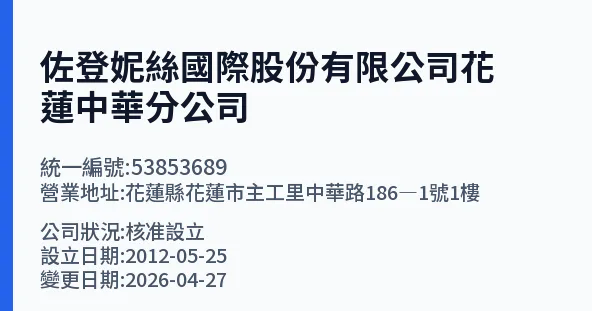 佐登妮絲國際股份有限公司花蓮中華分公司的照片-統編 53853689(花蓮縣) 公司登記資料與營業項目詳細圖表