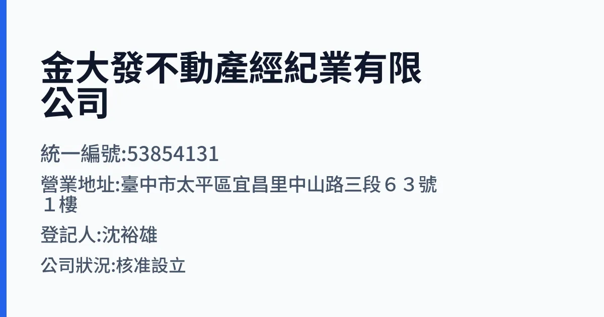 金大發不動產經紀業有限公司 - 統編 53854131(臺中市) 公司登記資料與營業項目詳細圖表