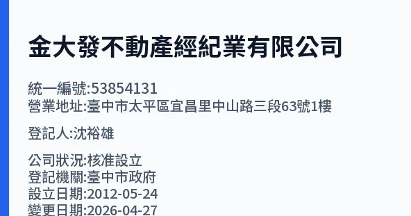 金大發不動產經紀業有限公司的照片-統編 53854131(臺中市) 公司登記資料與營業項目詳細圖表