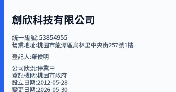 創欣科技有限公司的照片-統編 53854955(桃園市) 公司登記資料與營業項目詳細圖表