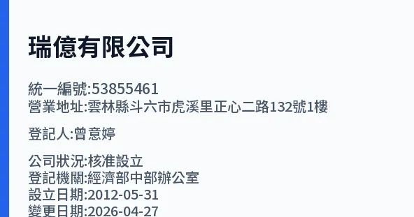 瑞億有限公司的照片-統編 53855461(雲林縣) 公司登記資料與營業項目詳細圖表