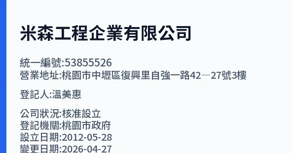 米森工程企業有限公司的照片-統編 53855526(桃園市) 公司登記資料與營業項目詳細圖表