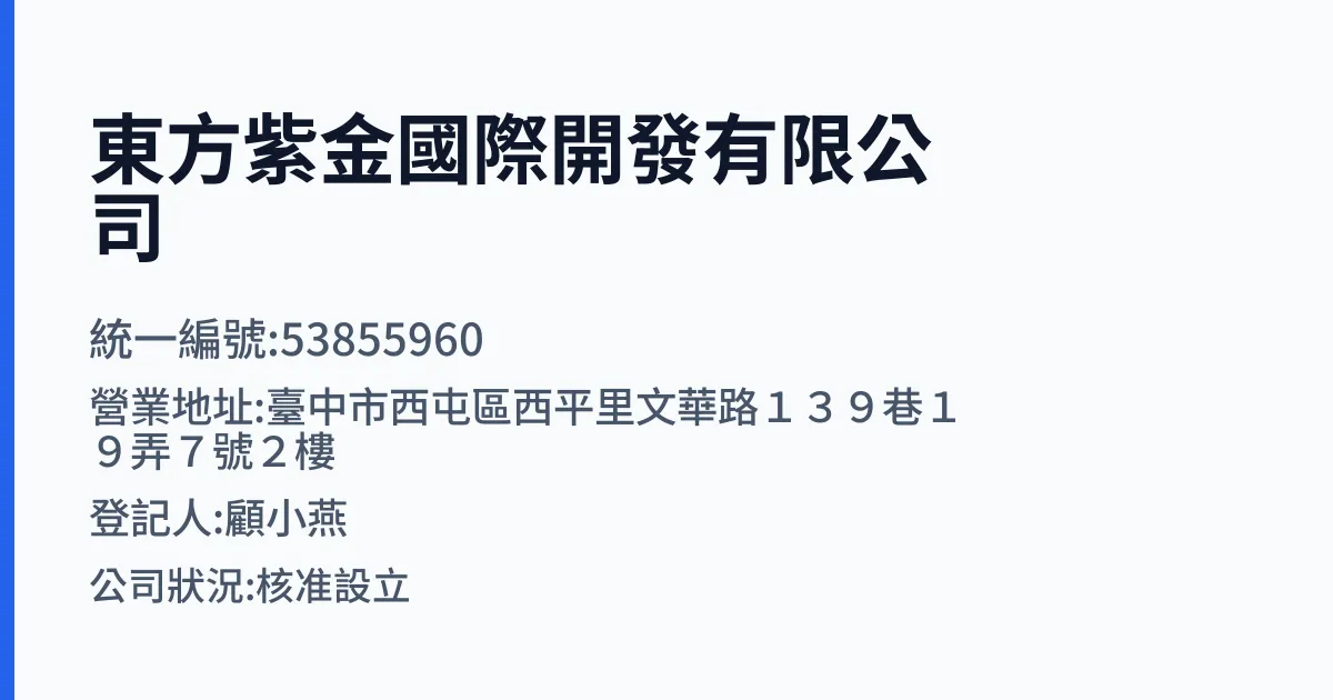 東方紫金國際開發有限公司 - 統編 53855960(臺中市) 公司登記資料與營業項目詳細圖表