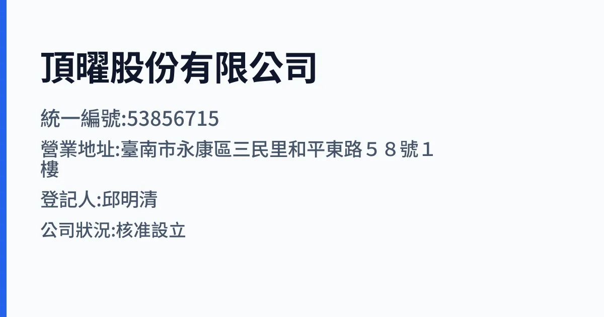 頂曜股份有限公司 - 統編 53856715（臺南市） 公司登記資料與營業項目詳細圖表