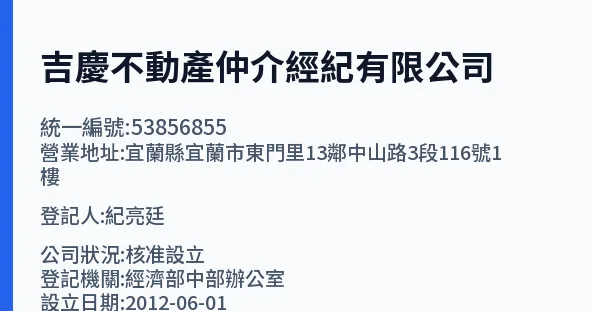 吉慶不動產仲介經紀有限公司的照片-統編 53856855(宜蘭縣) 公司登記資料與營業項目詳細圖表