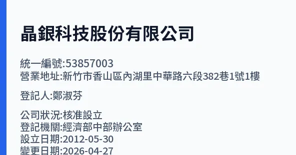 晶銀科技股份有限公司的照片-統編 53857003(新竹市) 公司登記資料與營業項目詳細圖表