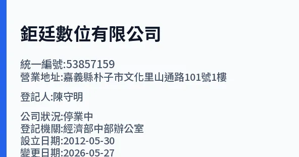 鉅廷數位有限公司的照片-統編 53857159(嘉義縣) 公司登記資料與營業項目詳細圖表