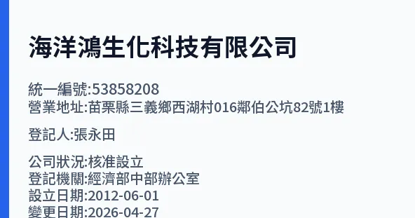 海洋鴻生化科技有限公司的照片-統編 53858208(苗栗縣) 公司登記資料與營業項目詳細圖表