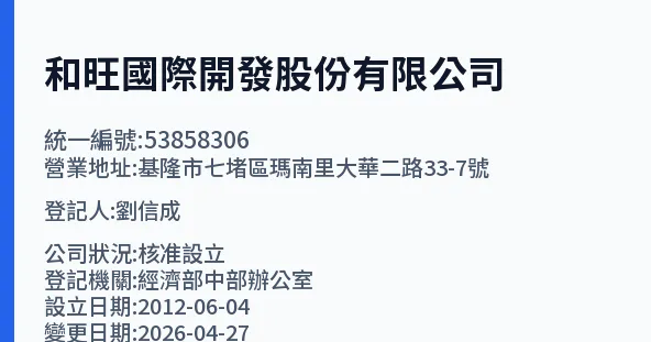 和旺國際開發股份有限公司的照片-統編 53858306(基隆市) 公司登記資料與營業項目詳細圖表