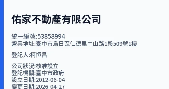 佑家不動產有限公司的照片-統編 53858994(臺中市) 公司登記資料與營業項目詳細圖表