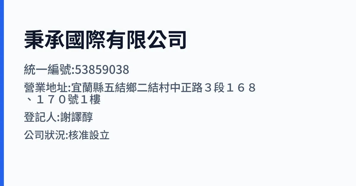 秉承國際有限公司 - 統編 53859038(宜蘭縣) 公司登記資料與營業項目詳細圖表