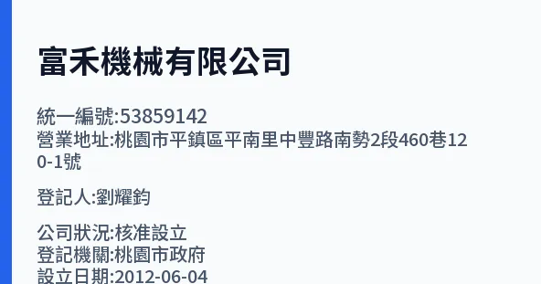 富禾機械有限公司的照片-統編 53859142(桃園市) 公司登記資料與營業項目詳細圖表