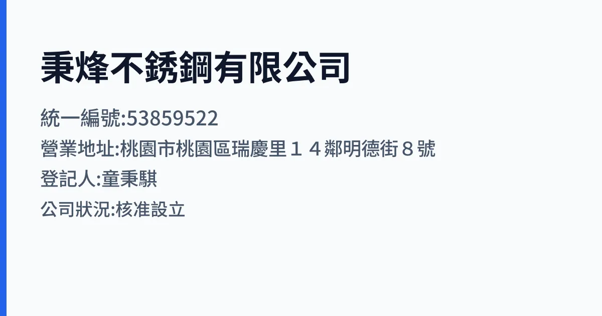 秉烽不銹鋼有限公司 - 統編 53859522(桃園市) 公司登記資料與營業項目詳細圖表